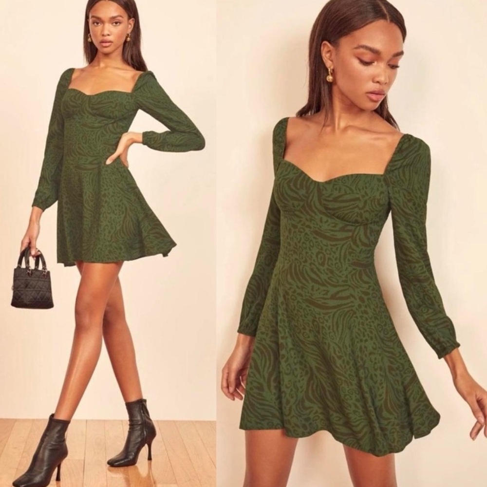 Reformation 2 Mochi Jungle Mini Dress Green Leopard A… - Gem